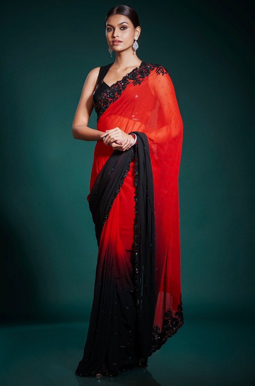 Red Georgette Sequence Saree, Saree for USA Women, Summer Saree, Party ...