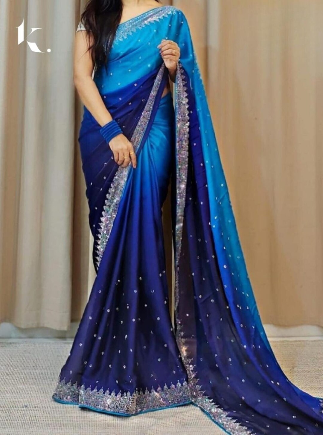 Blue Rangoli Padding Work Saree, Saree for USA Women, Designer Saree ...