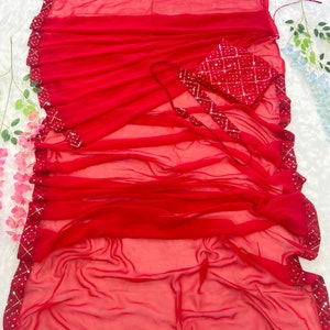 Most Beautiful Ready to Wear Red Saree With Chikankari Work/wedding ...
