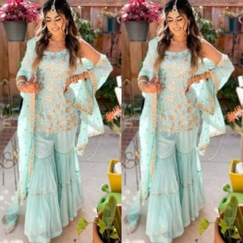 Sky Blue Punjabi Sharara Suit for Wedding/georgette Top Palazzo With ...