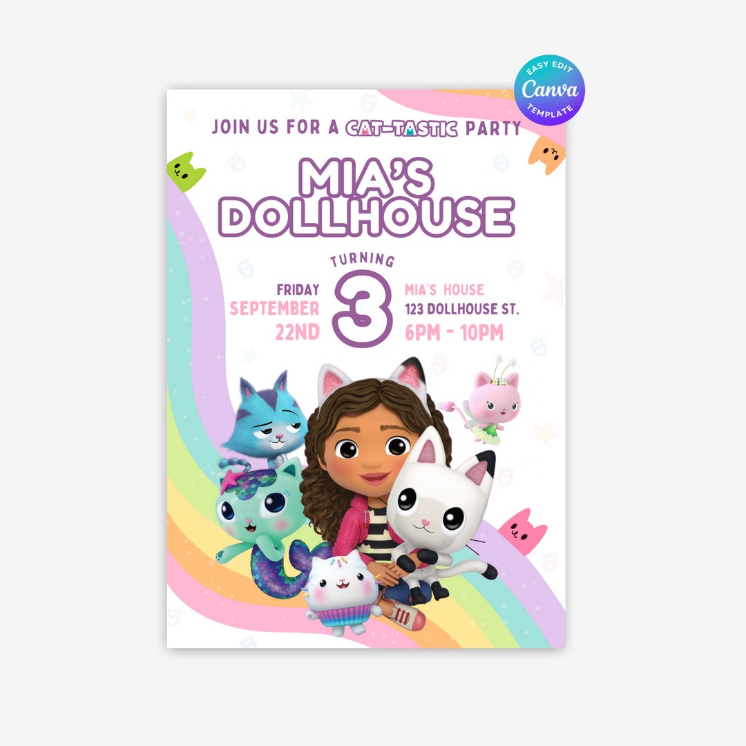 Gabby’s Dollhouse Invitation, Birthday Invitation, Gaby, Pandy ...