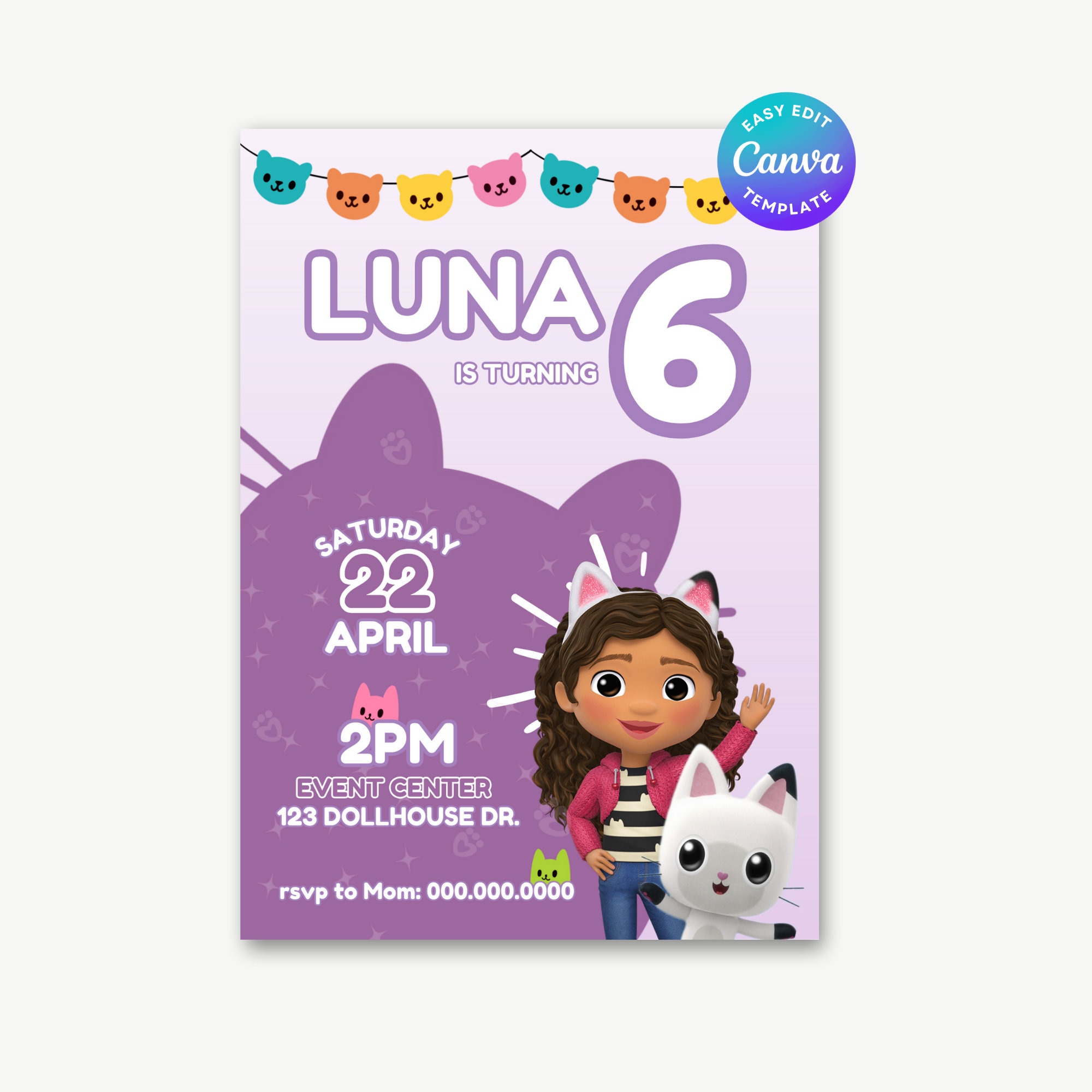 Gabby’s Dollhouse Invitation, Birthday Invitation, Gabby, Pandy ...