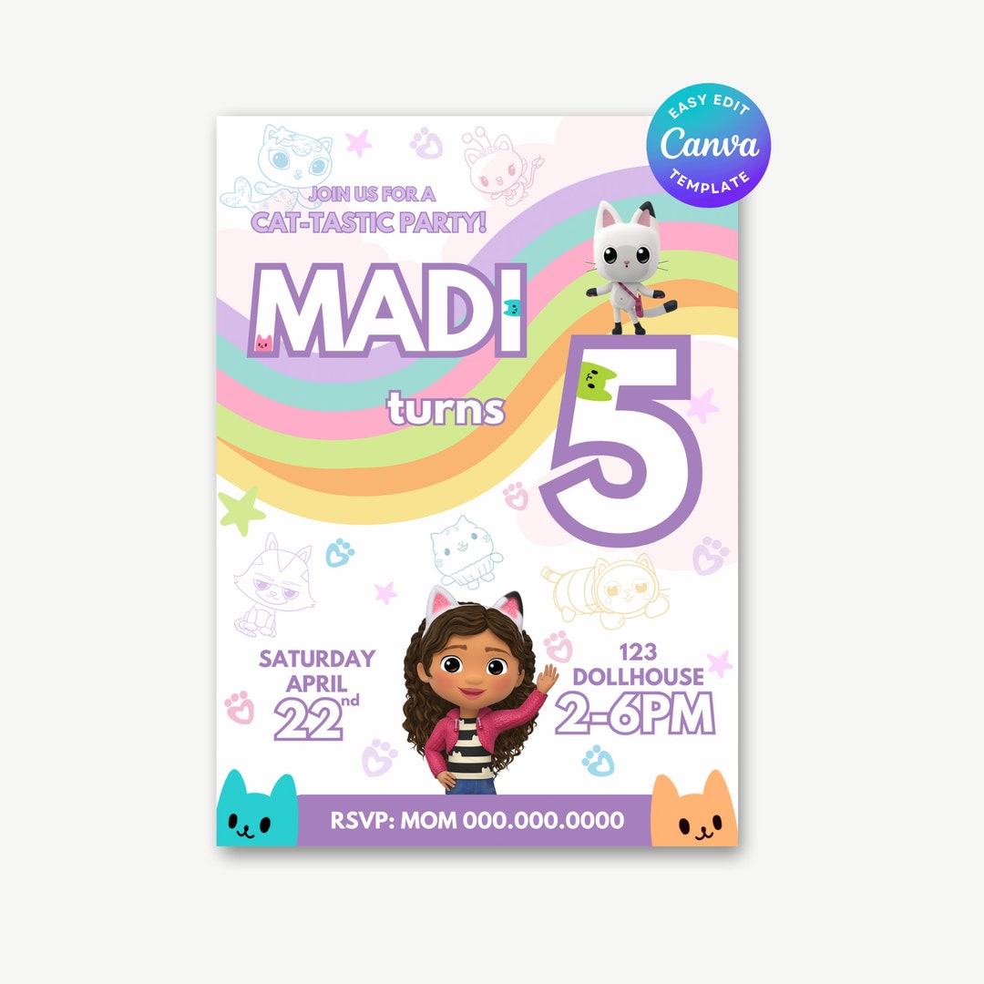 Gabby’s Dollhouse Invitation, Birthday Invitation, Gaby, Pandy ...