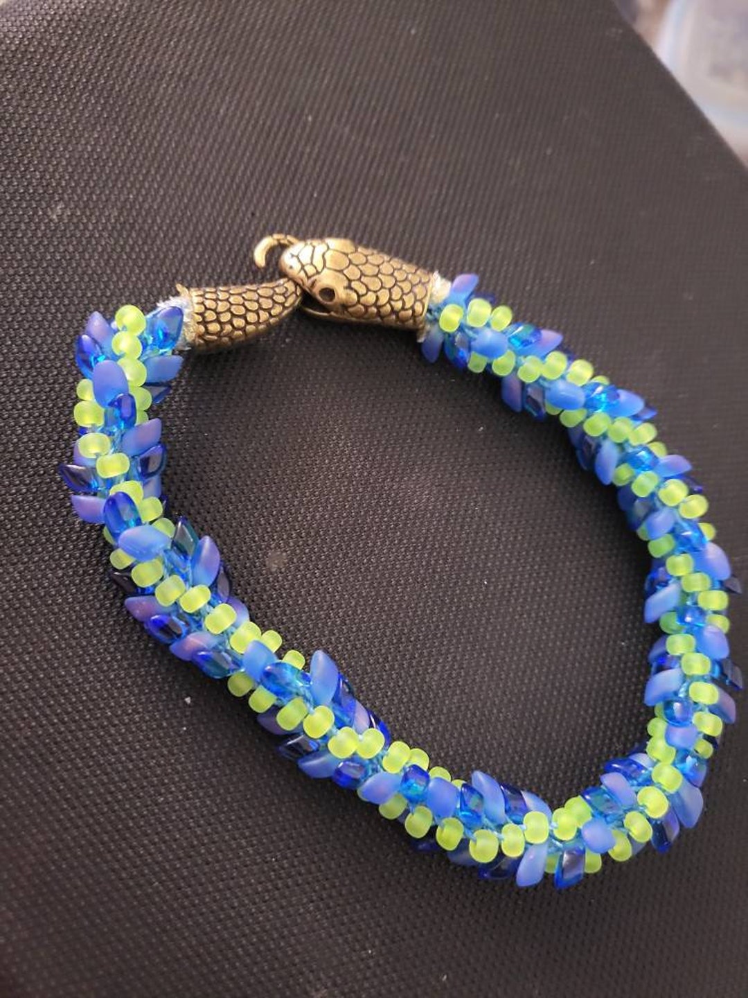 Blue and Yellow Lighting Dragon Snake Magatama Sprial Kumihimo Bracklet ...