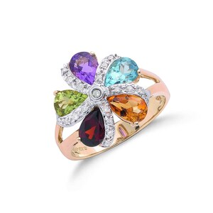 9ct Yellow Gold Diamond & Multi Colour Gem Stone Flower / Cluster Ring ...
