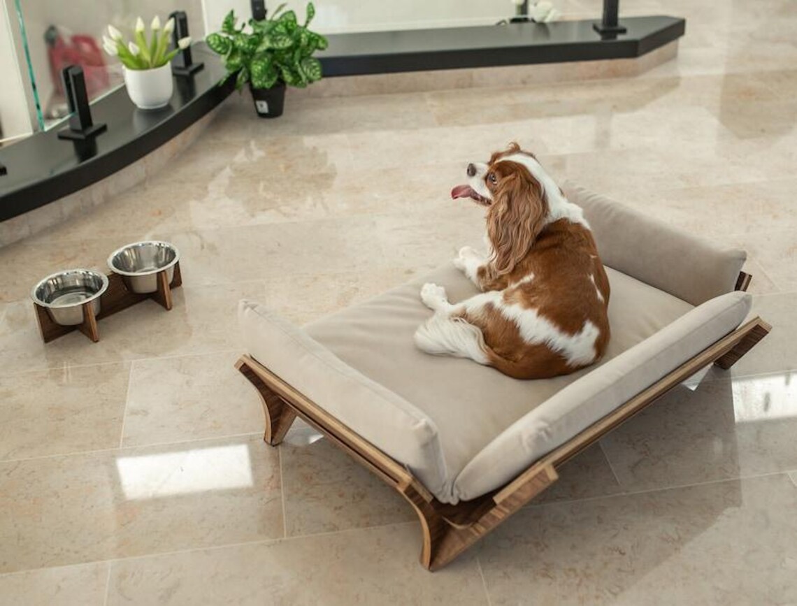 Walnut Wood Small Dog Sofa, Scandinavian Pet Furniture, Puppy Bed With ...