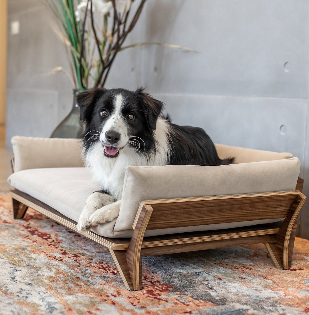 Medium American Walnut Dog Bed, Beige Dog Pillow, High-end Luxury Wood ...