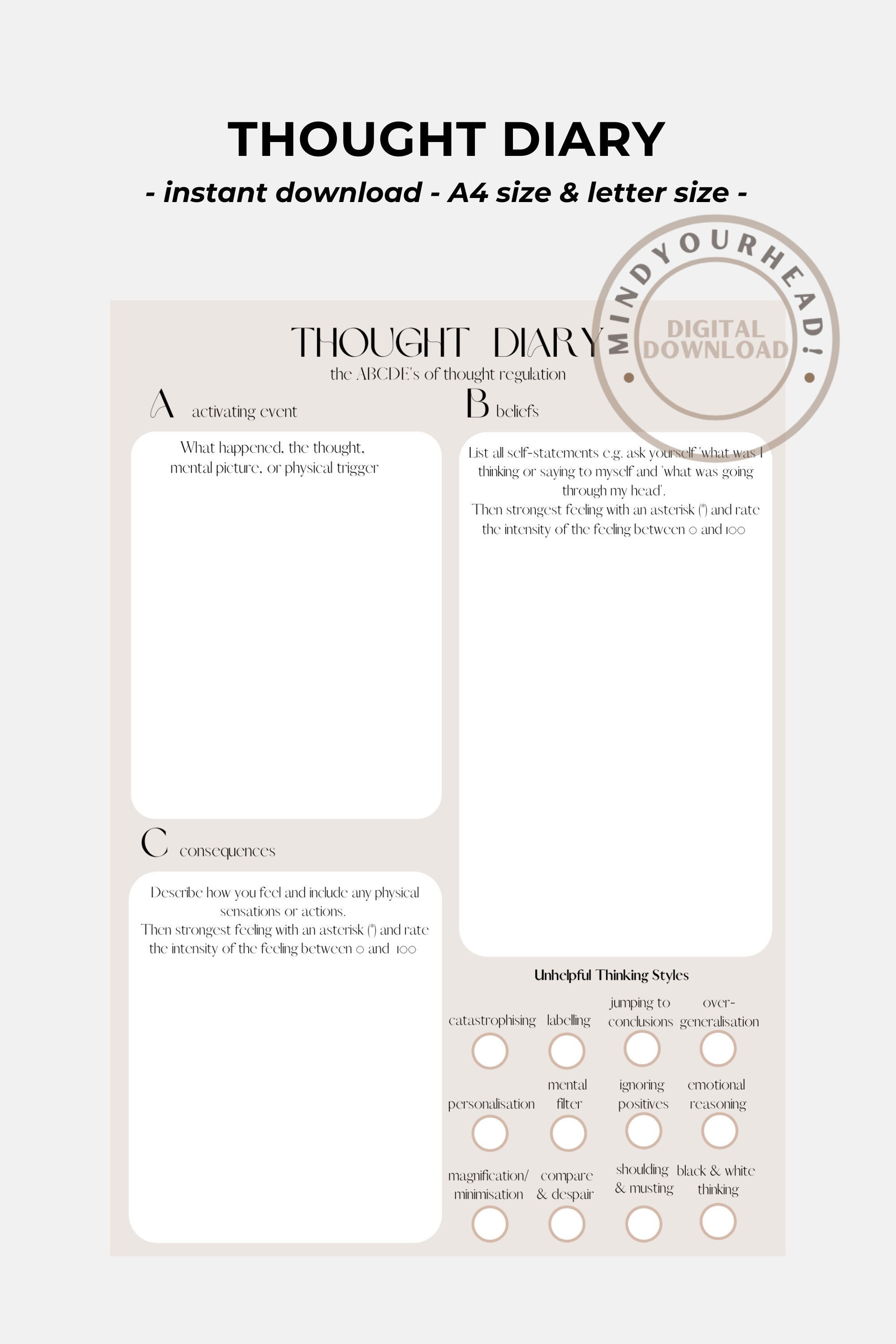Thought Diary ABCDE CBT Printable Worksheet Psychology Depression Inserts Planner Self Help ...