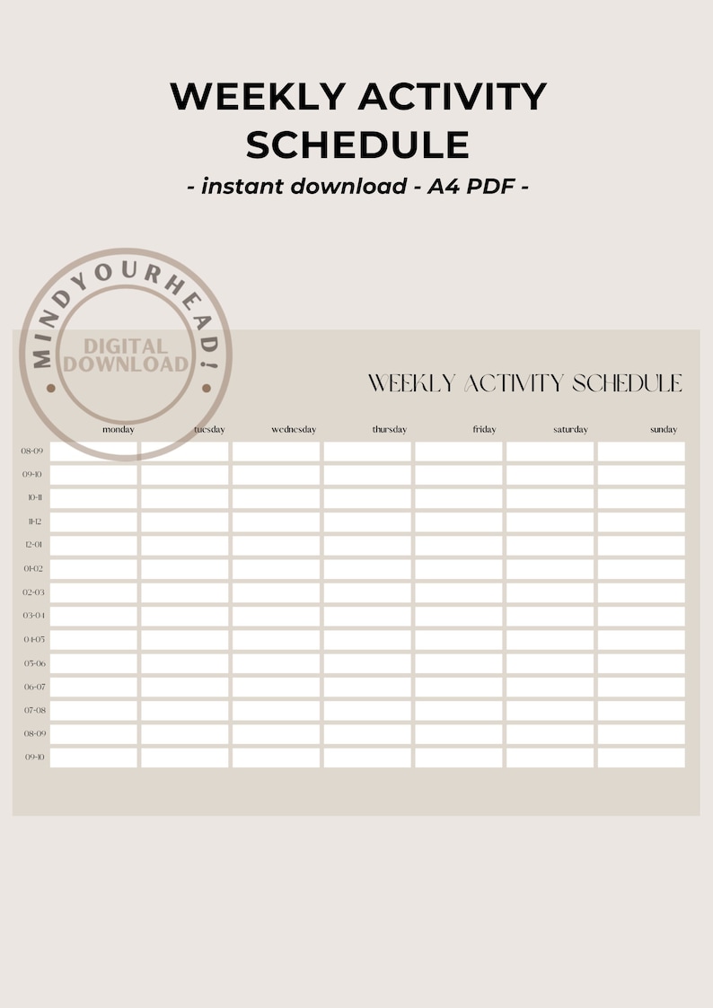 Weekly Activity Schedule Worksheet CBT Therapy Behavioural - Etsy