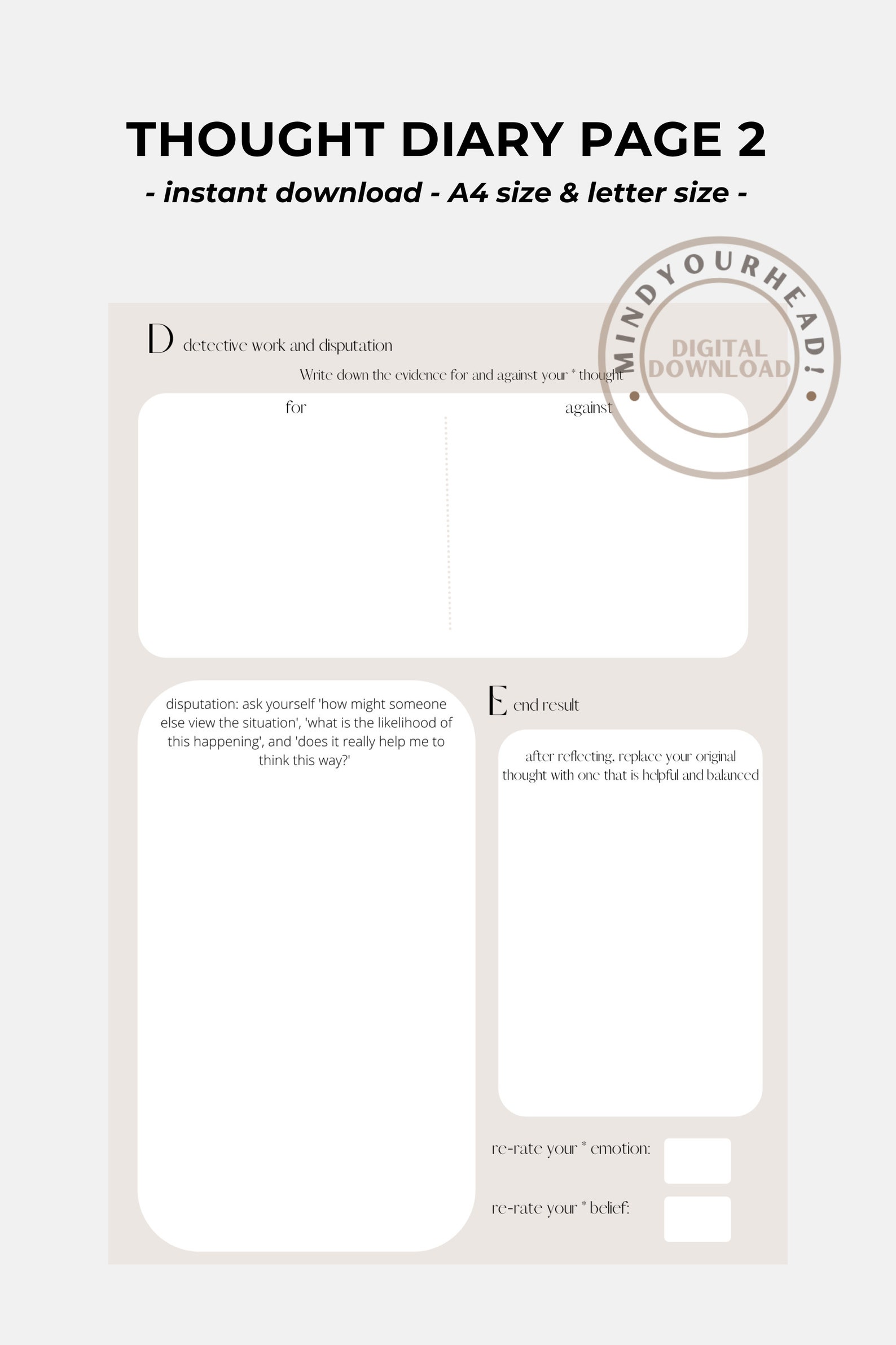 Thought Diary ABCDE CBT Printable Worksheet Psychology Depression ...
