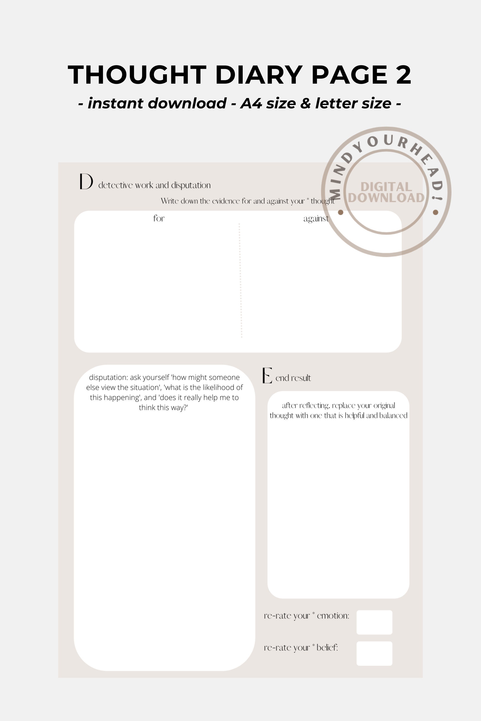 Thought Diary ABCDE CBT Printable Worksheet Psychology Depression ...