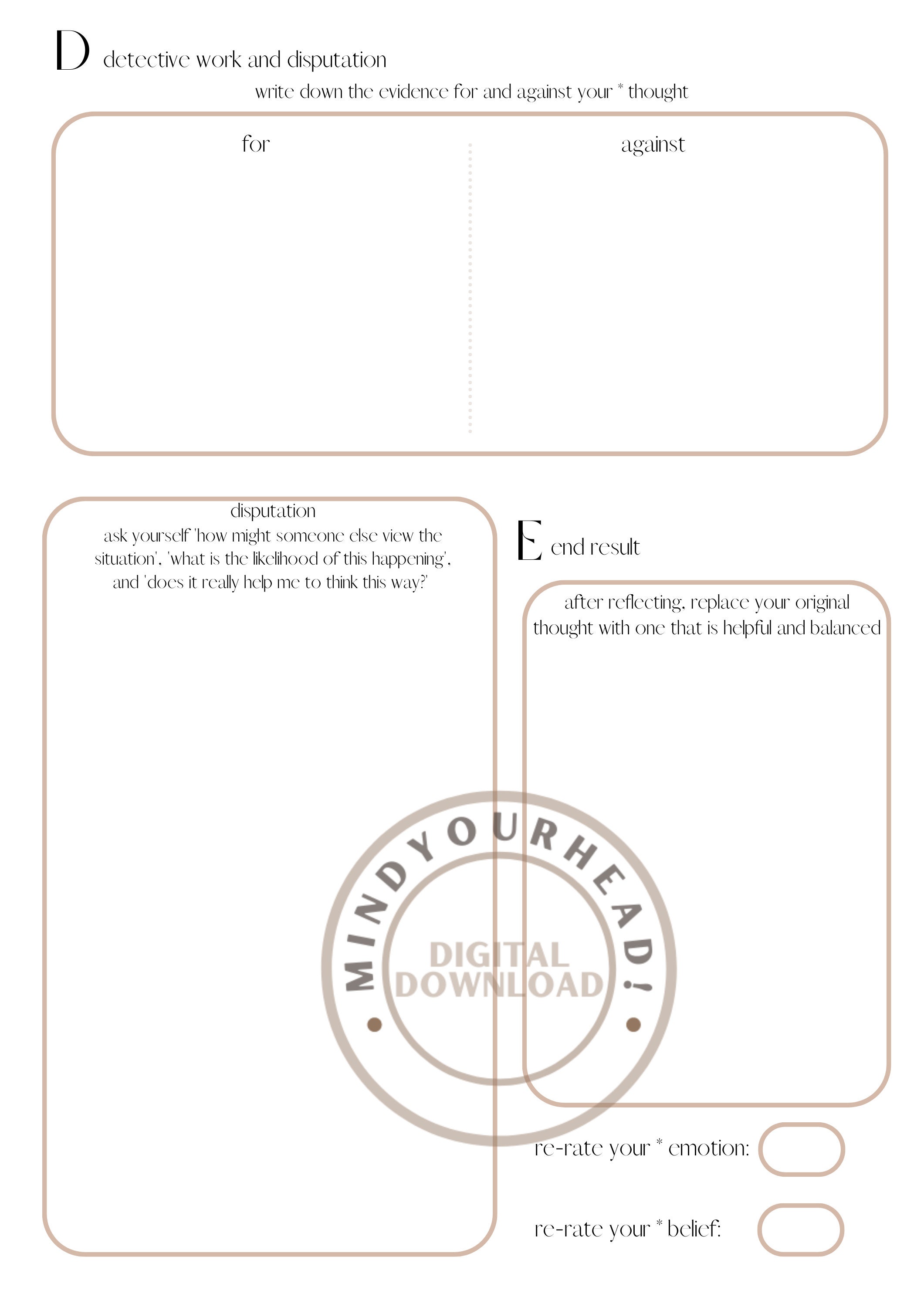 Thought Diary ABCDE CBT Printable Worksheet Psychology Depression ...