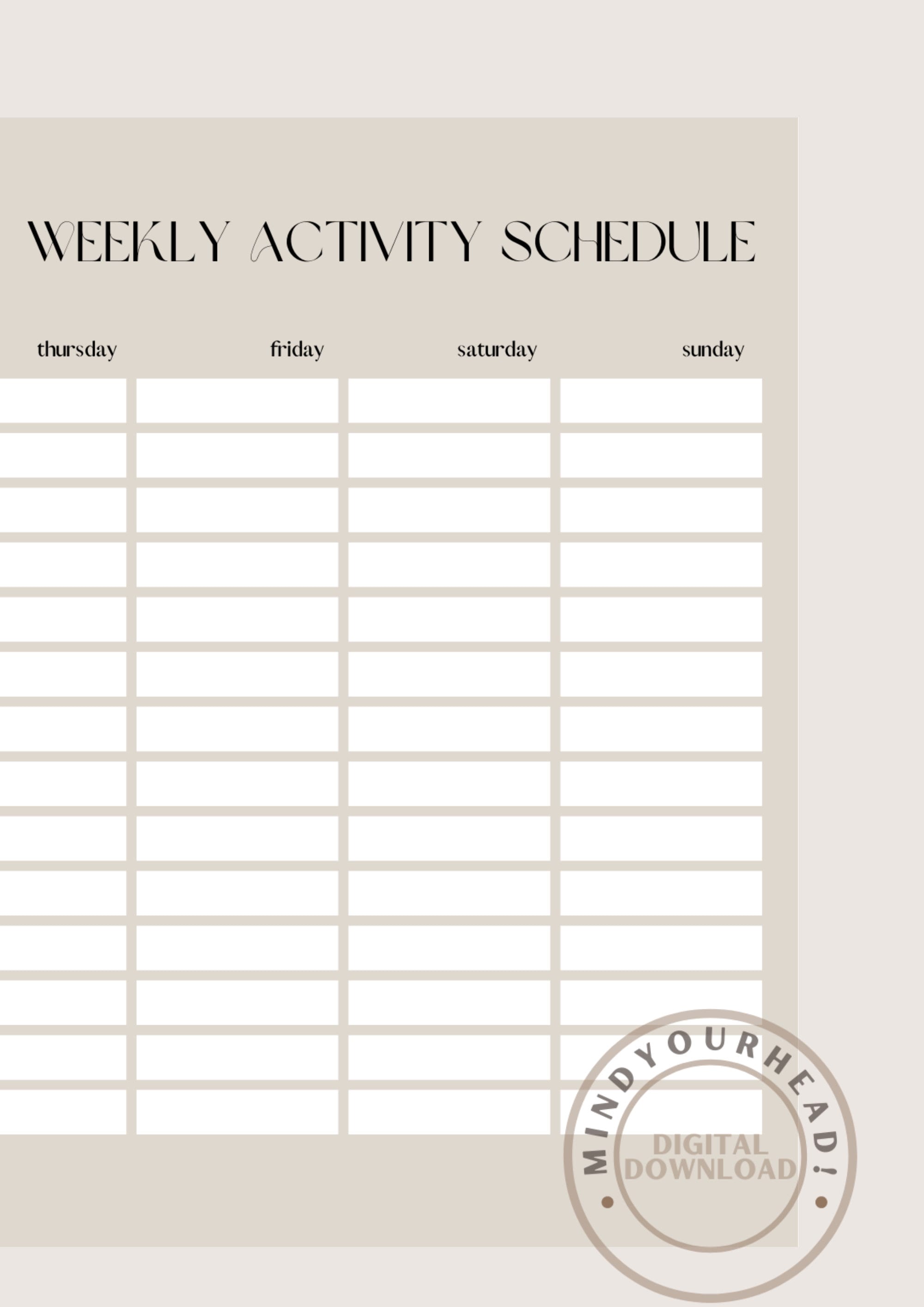 Weekly Activity Schedule Worksheet CBT Therapy Behavioural Activation ...