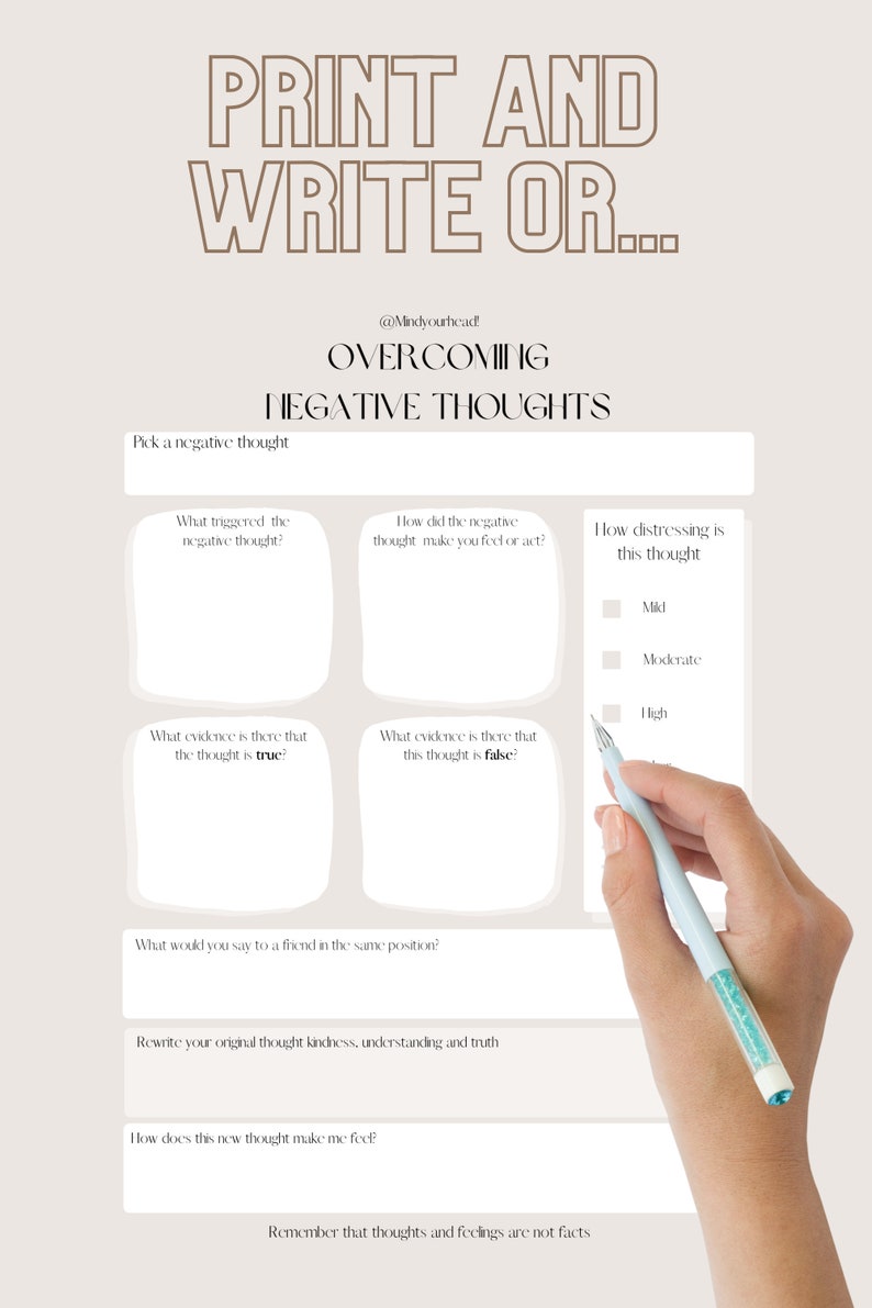 Overcoming Negative Thoughts Worksheet CBT Printable Worksheet Journal ...