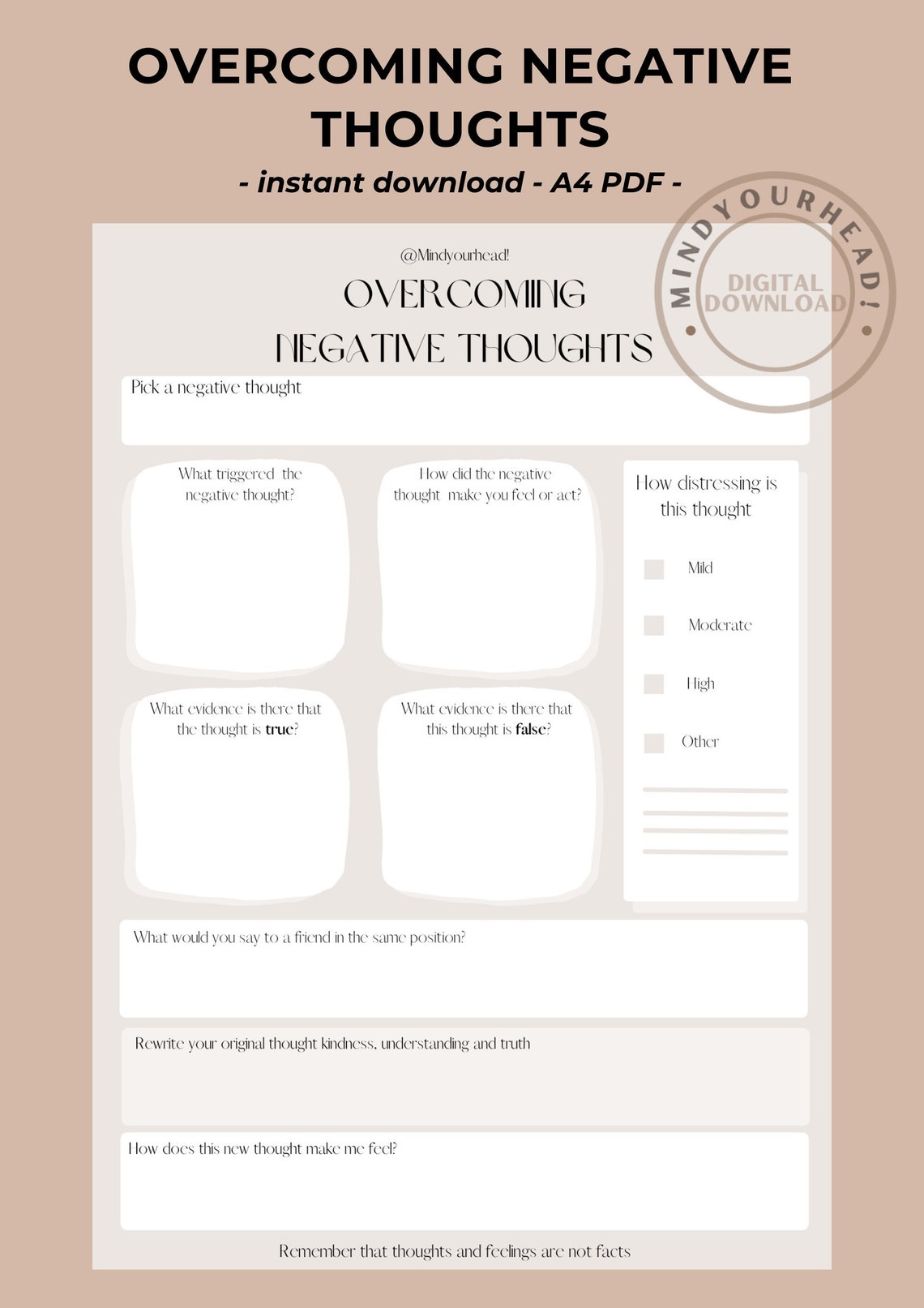 Overcoming Negative Thoughts Worksheet CBT Printable Worksheet Journal ...