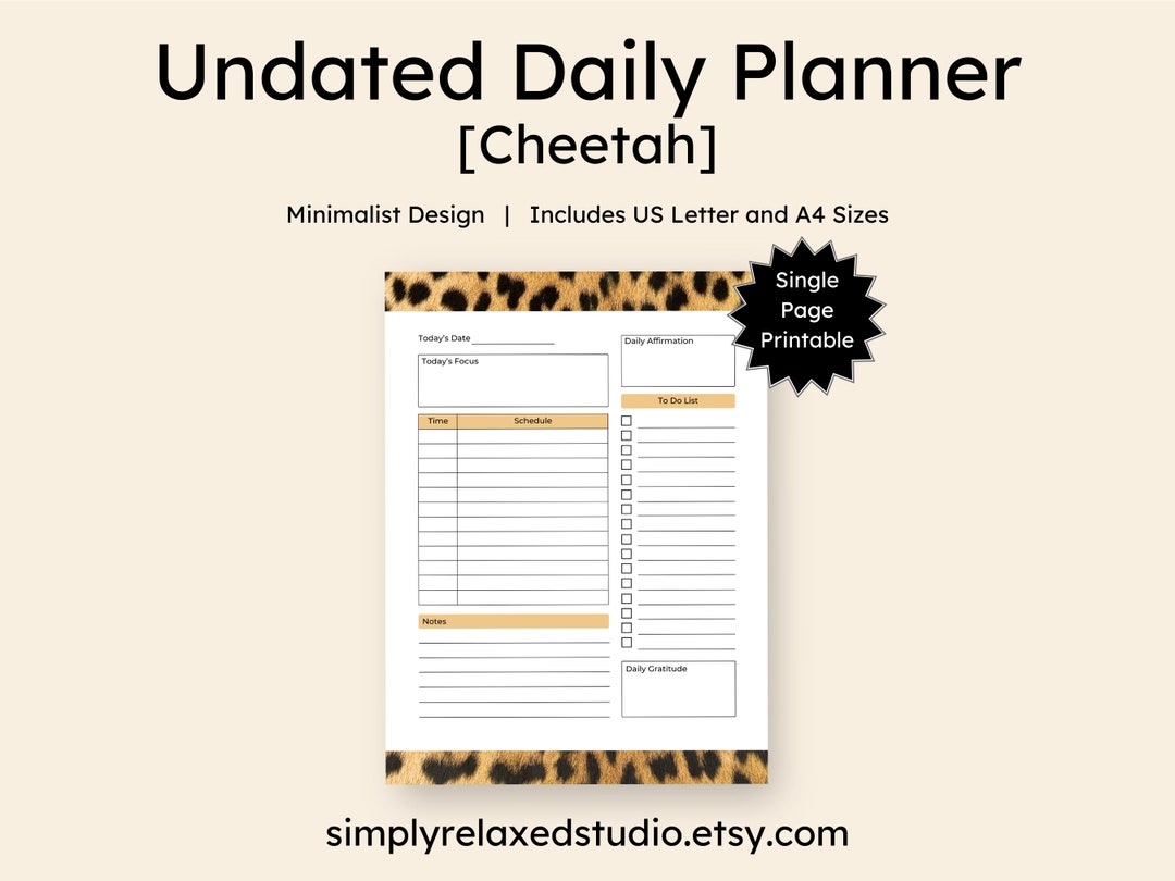 Cheetah Undated Daily Planner Printable, Minimalist To-do List (PDF) - Etsy