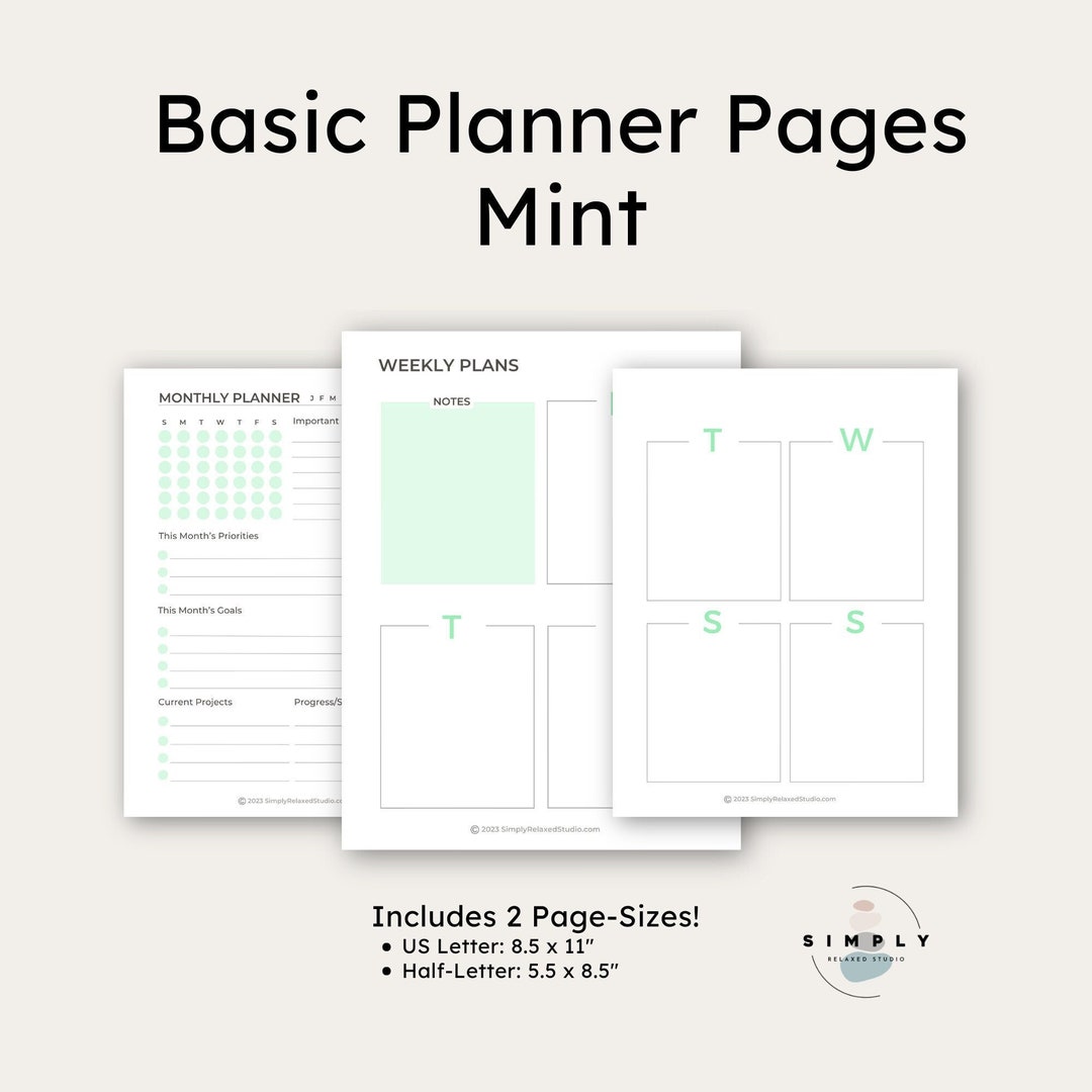 Minimalist Mint Planner Inserts, Daily Weekly Monthly Pages (US Letter ...