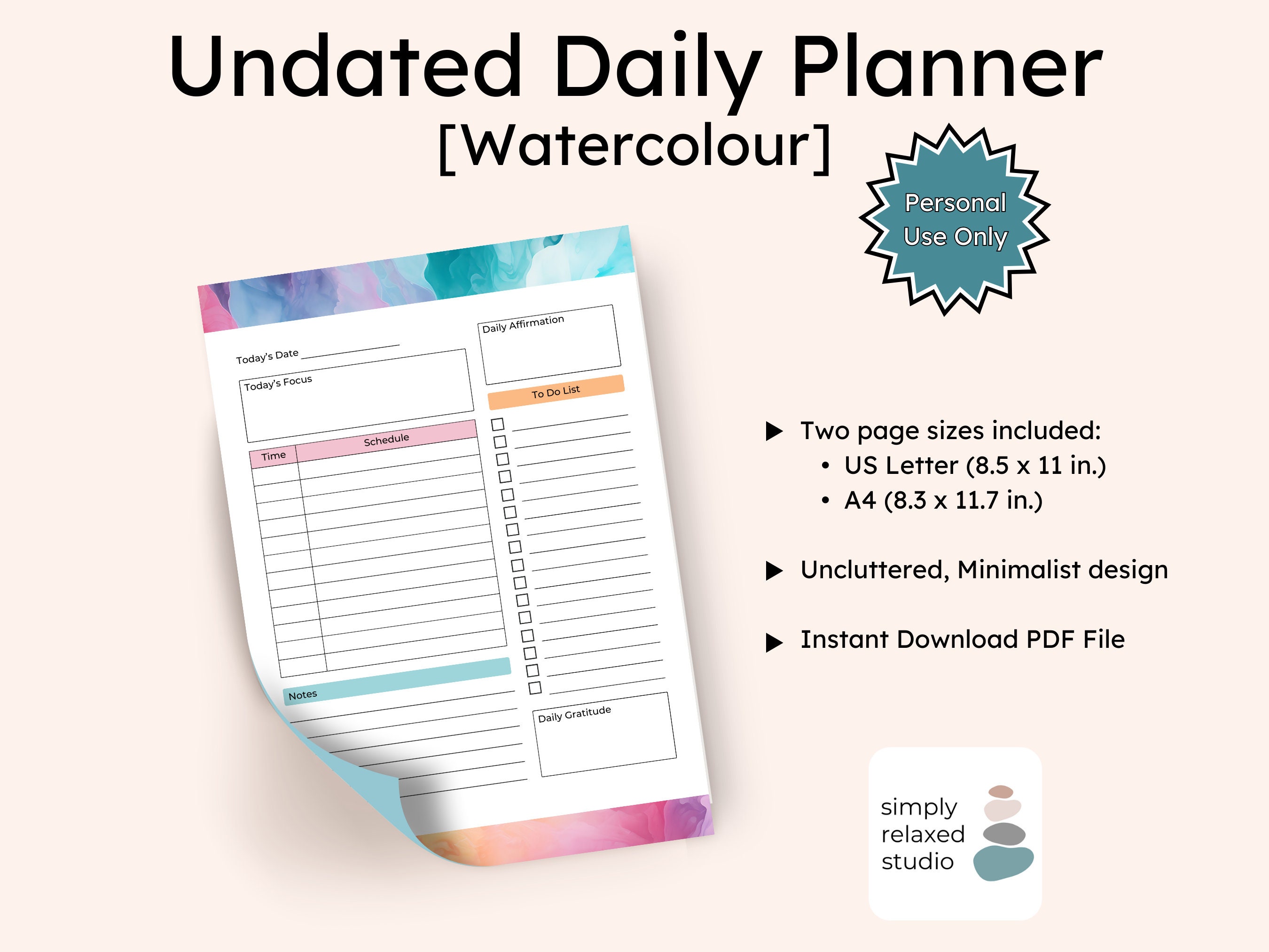 Printable Daily Planner, Undated Single Page Day Planner PDF, Daily ...