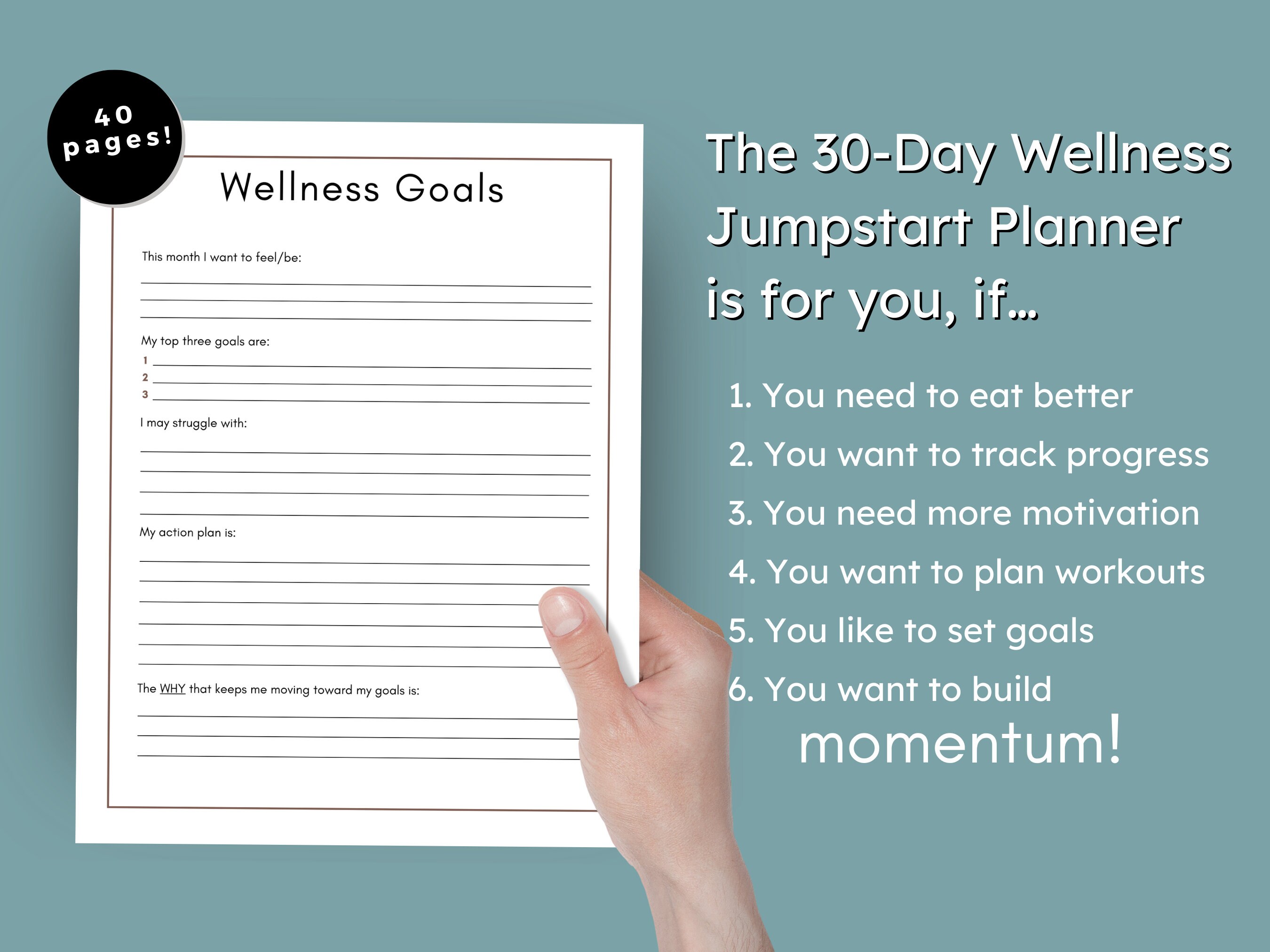30 Day Wellness Jumpstart Planner, Printable Healthy Lifestyle Guide, Motivation Accountability ...
