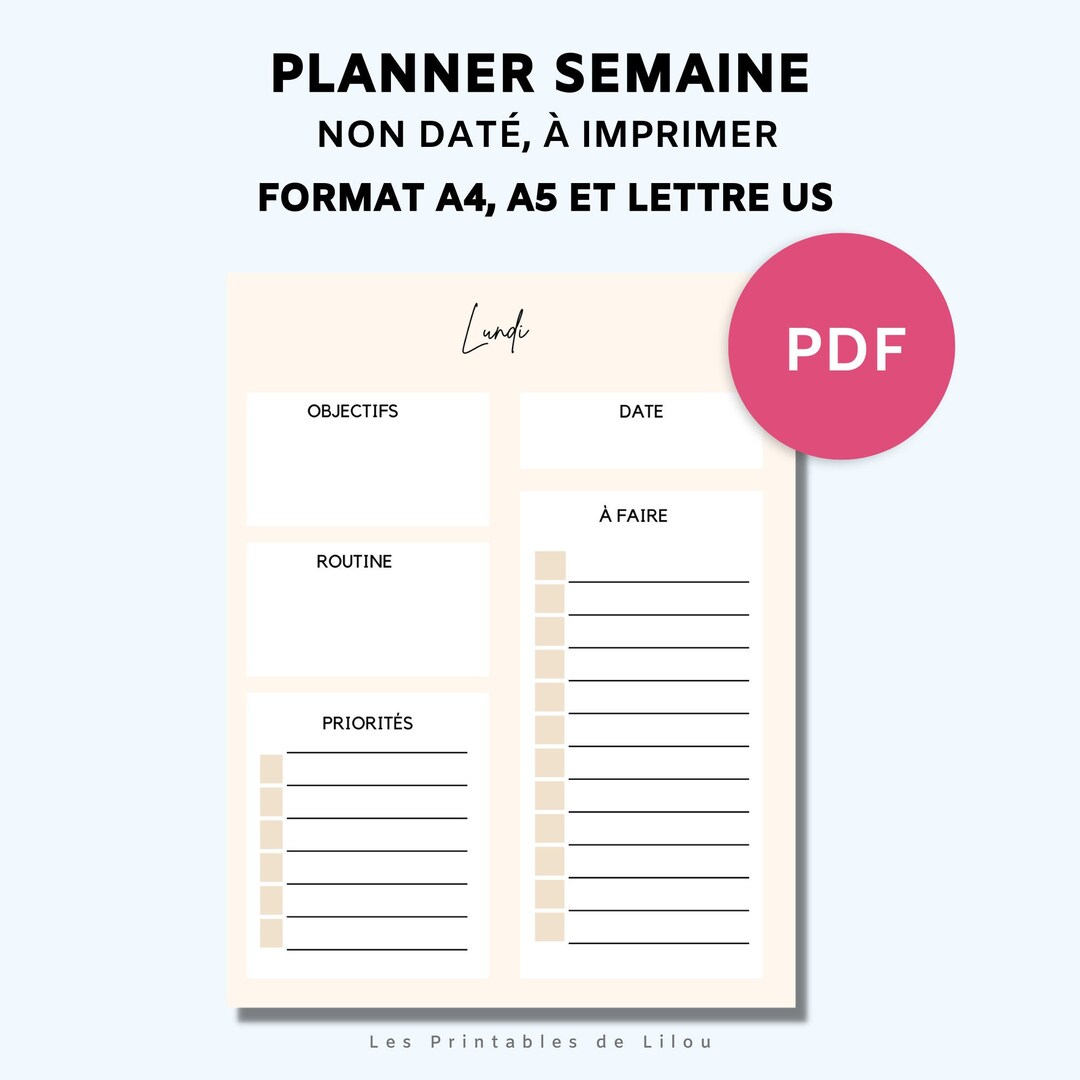 Undated Week Planner Printable in French PDF A4 A5 and Letter Format - Etsy