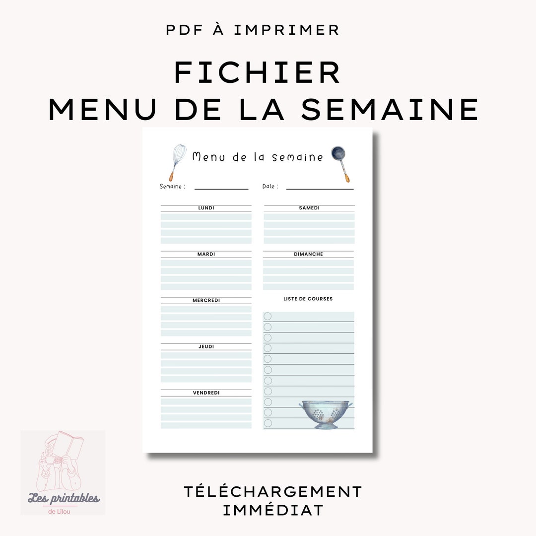 Menu Planner in French to Print for the Menus of the Week in PDF A4 ...
