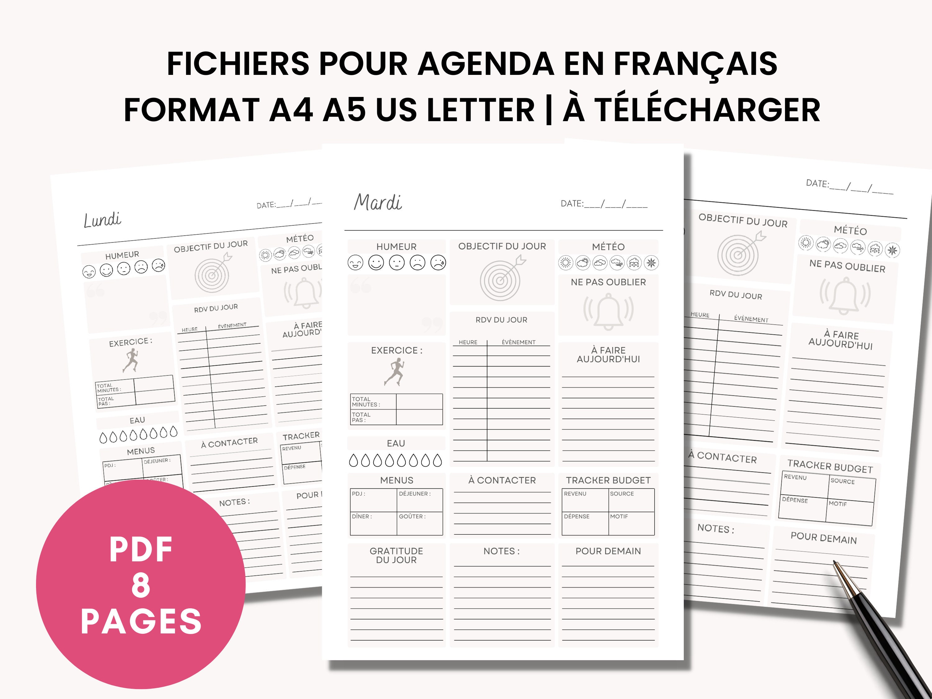 Planning journalier à imprimer minimaliste en français PDF format A4 A5 ...