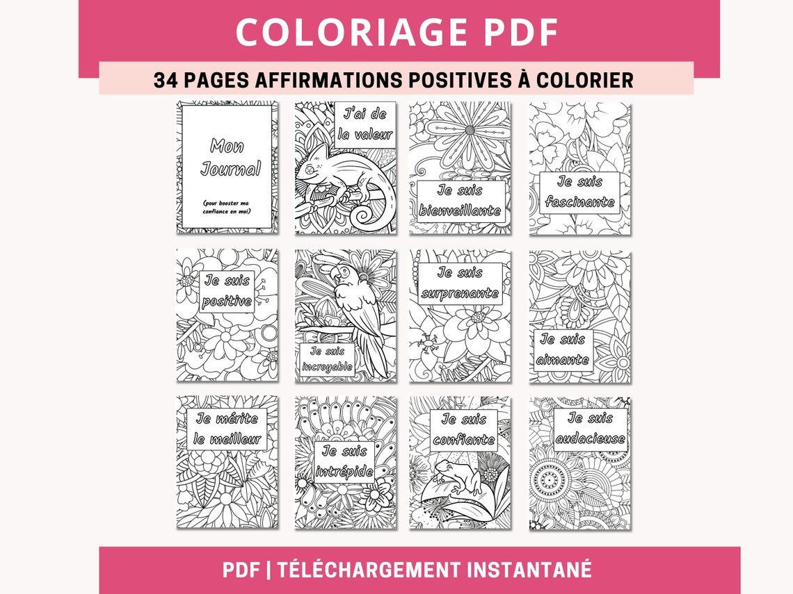 Adult Coloring Positive Affirmation in French PDF to Print 34 Pages - Etsy