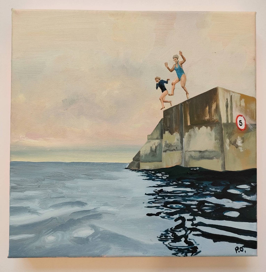 Original Oil Painting on Canvas 'pier Jumpers', Sea Swimming Art, Sea ...