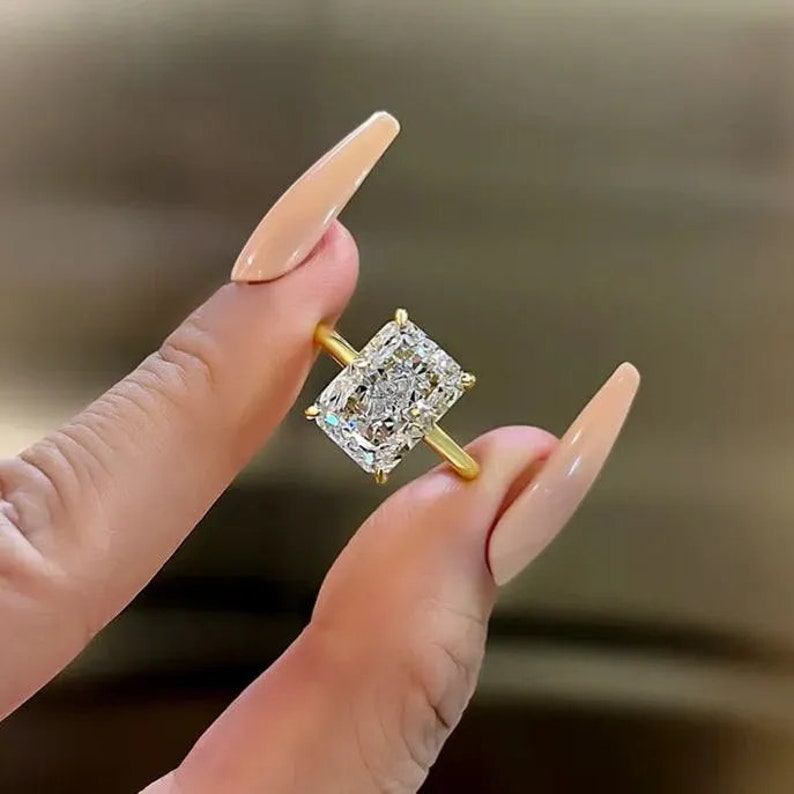 Radiant 4 CT Moissanite Engagement Ring, 14K Yellow Gold Solitaire ...