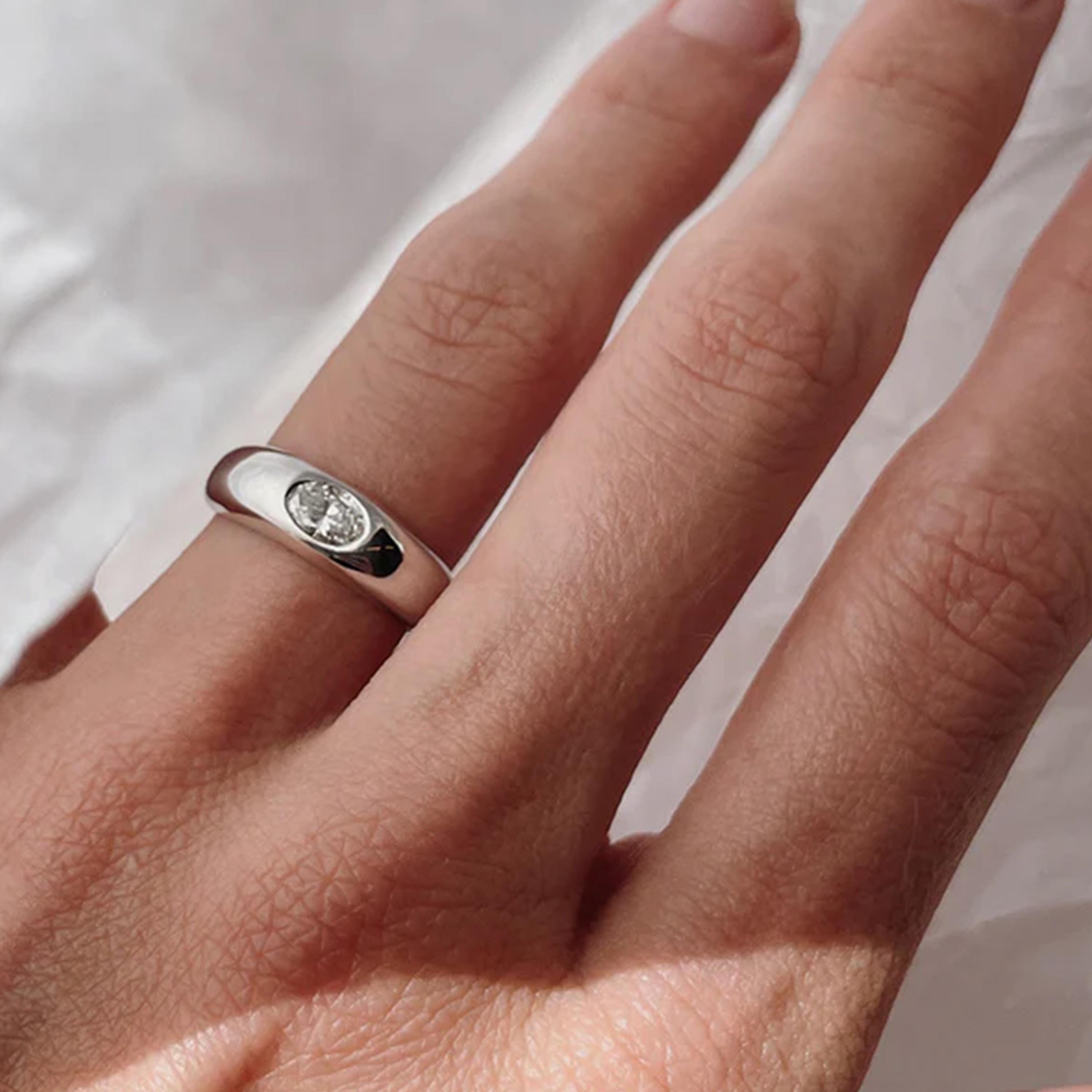 Bezel Set Oval Moissanite Ring, Solid Gold Chunky Dome Band - Etsy