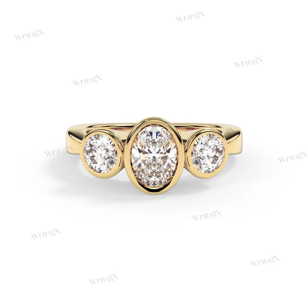 Gold Three-stone Bezel Oval Diamond Ring – Modern Engagement Ring - Etsy