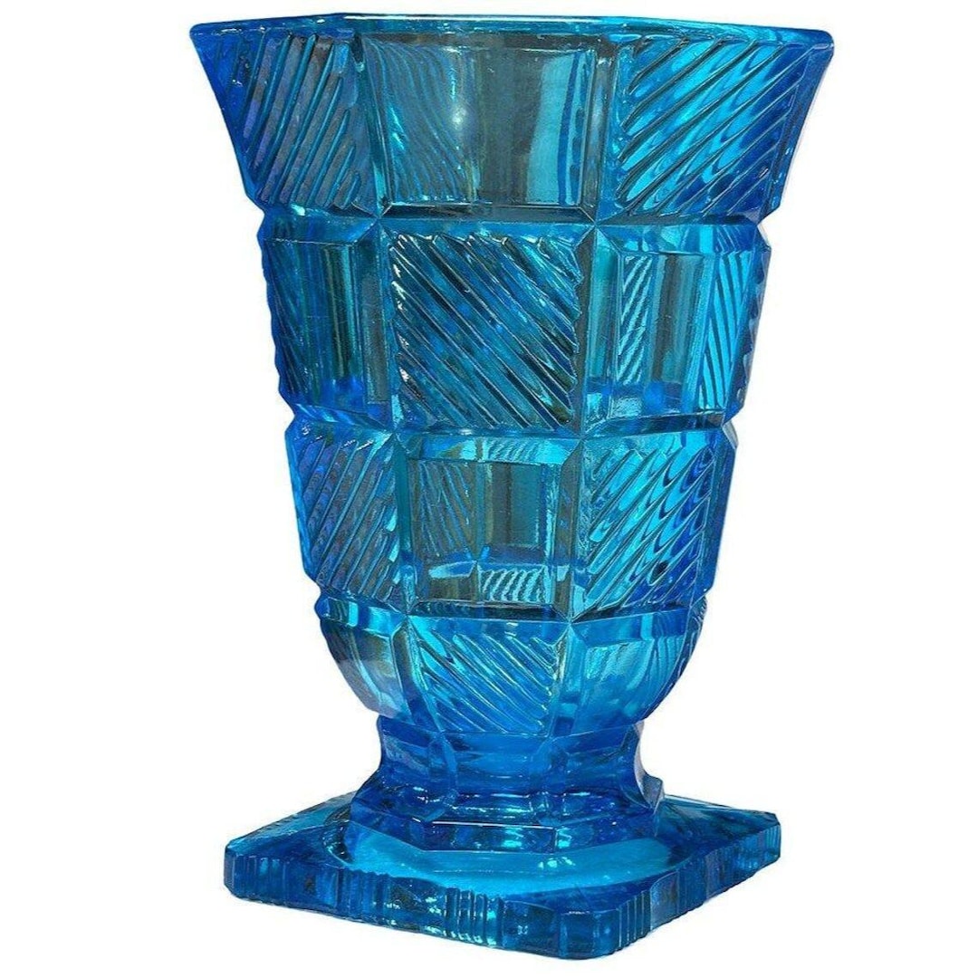 Art Deco Aqua Blue Leaded Glass Checkered Geometric Pedestal Vase 10 In ...