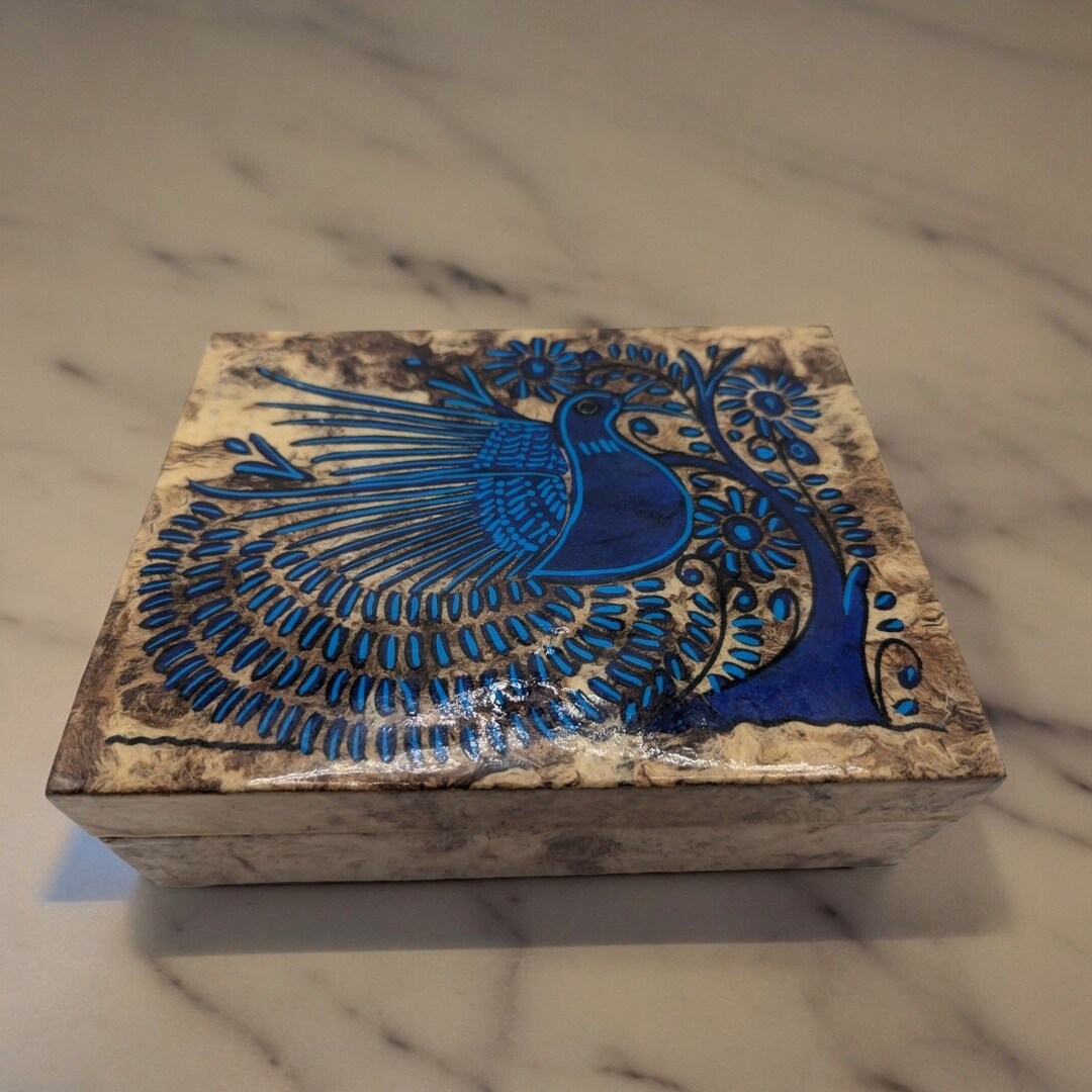 VTG Handmade Amati Painted Bark Box With Blue Peacock Design & Hinged ...