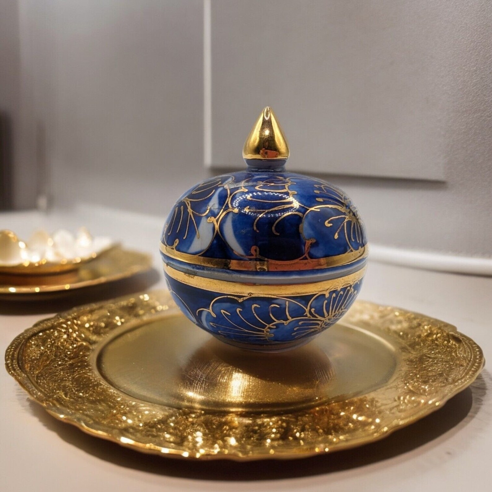 Hand Painted Thai Porcelain BENJARONG Trinket Box W/LID Blue Gold - Etsy