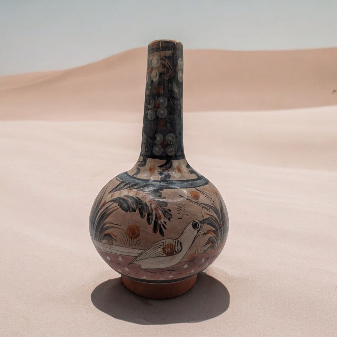 Vintage Tonala Mexican Vase Bird Flora Large Handmade Earthenware ...
