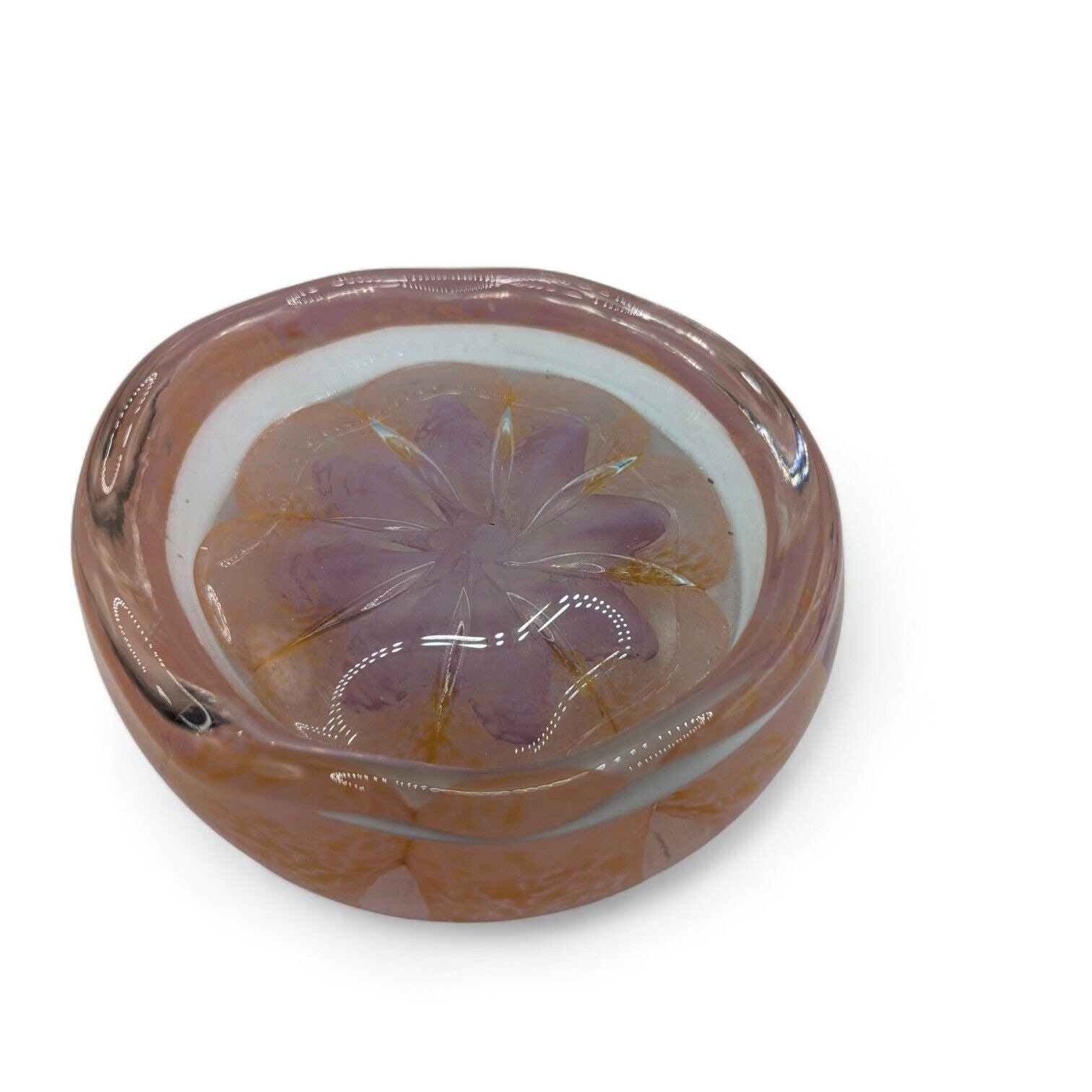 Vintage Hand Blown in Cased Flower Art Glass Dish Peach and Pink Thick ...