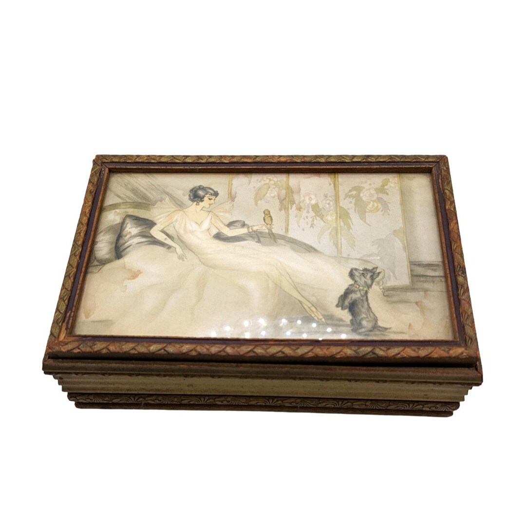 Antique Victorian Wood Vanity Letter Box W Mirror Lady W Dog Under ...