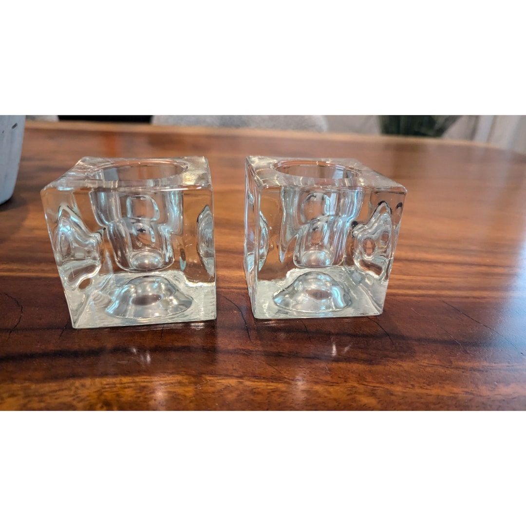 1960s MCM Crystal Glass Modern Ice Cube Candle Holder Pair - Etsy