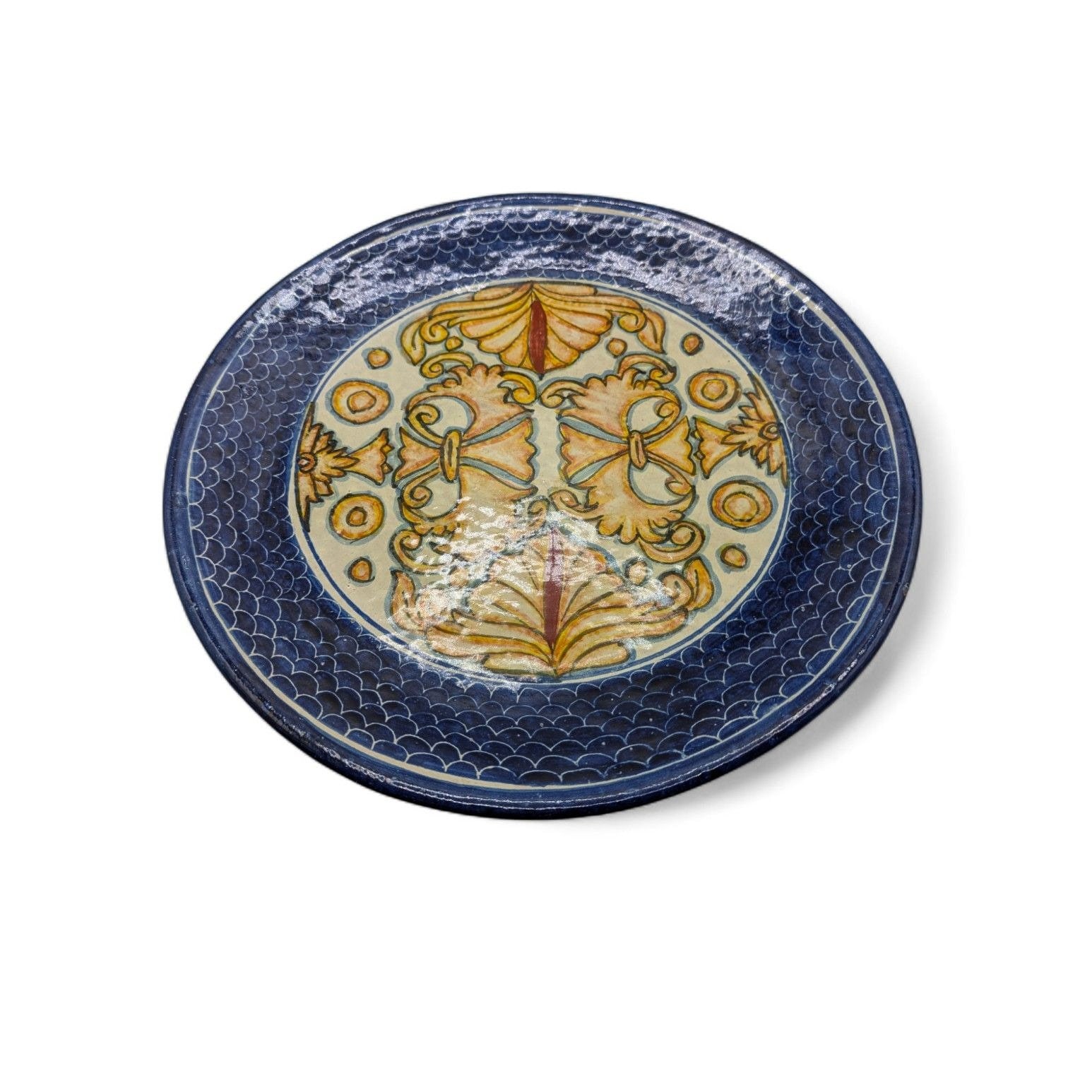 Vtg Hand-painted Mexican Pottery Plate Blue Yellow Floral Design 15 in ...