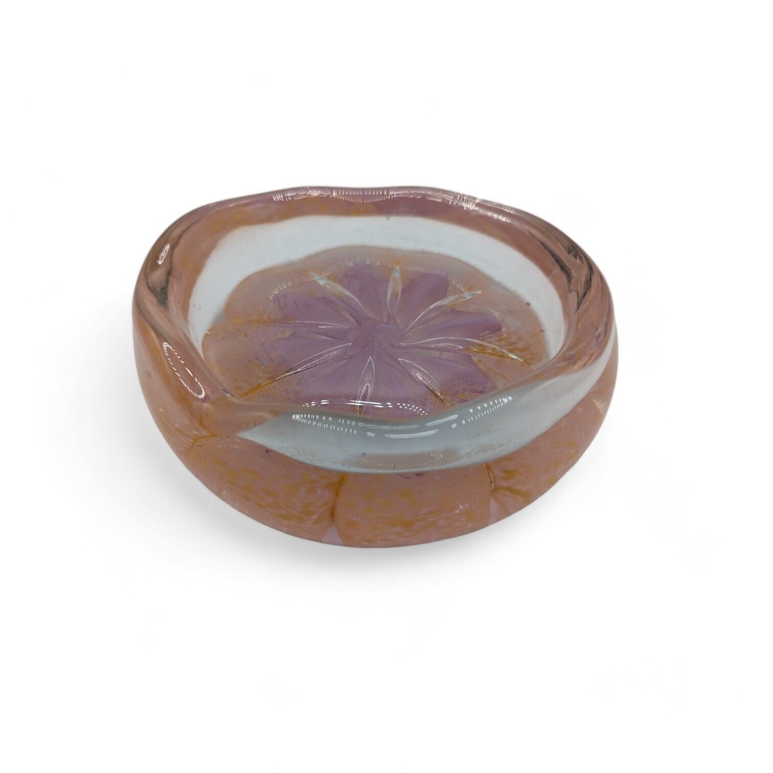 Vintage Hand Blown in Cased Flower Art Glass Dish Peach and Pink Thick ...