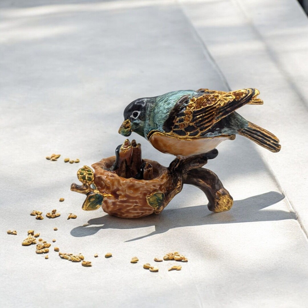 Bird Feeding Babies Trinket Box Hand-painted Enamel & Rhinestones 4 ...