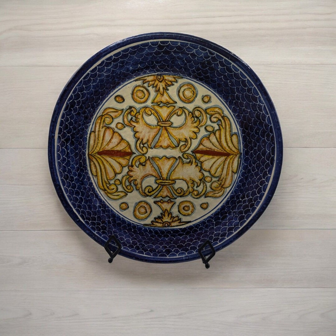 Vtg Hand-painted Mexican Pottery Plate Blue Yellow Floral Design 15 in ...
