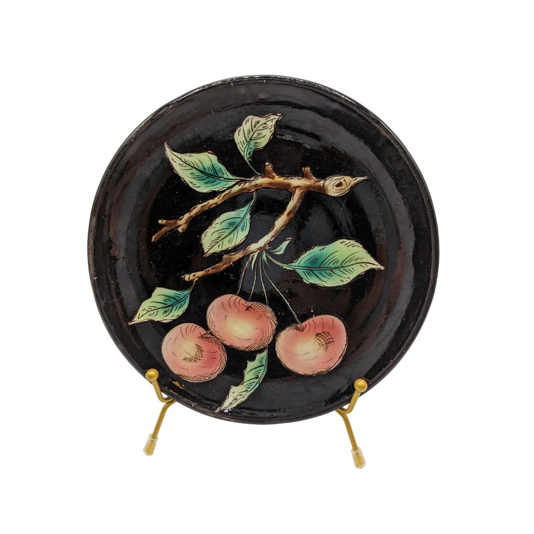 Vintage Italian Decorative Hand Painted Apples on Branch Black Plate 7 ...