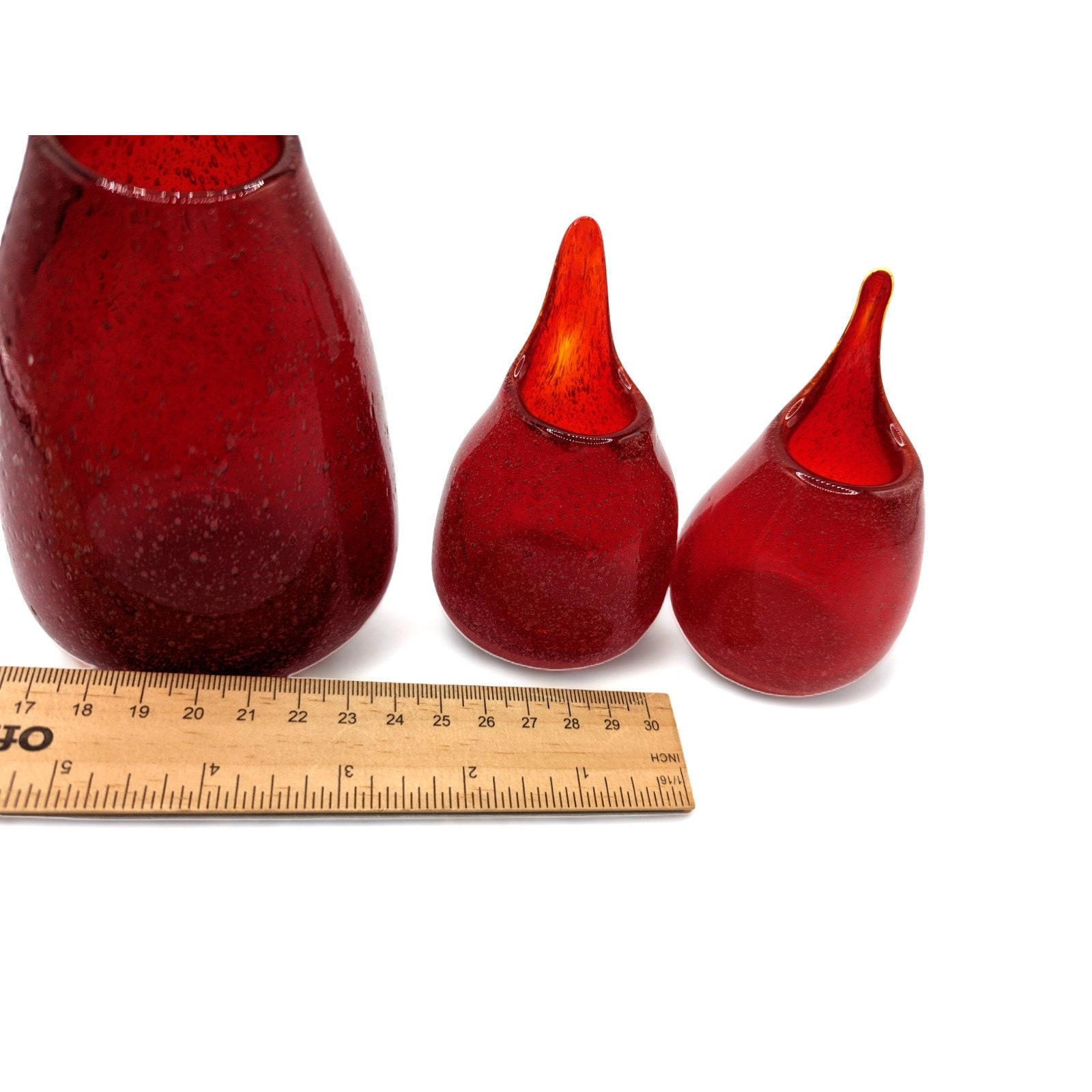 Set of 3 Vintage Red Bubble Hand Blown Art Glass Bubbles Thrown Stretch ...