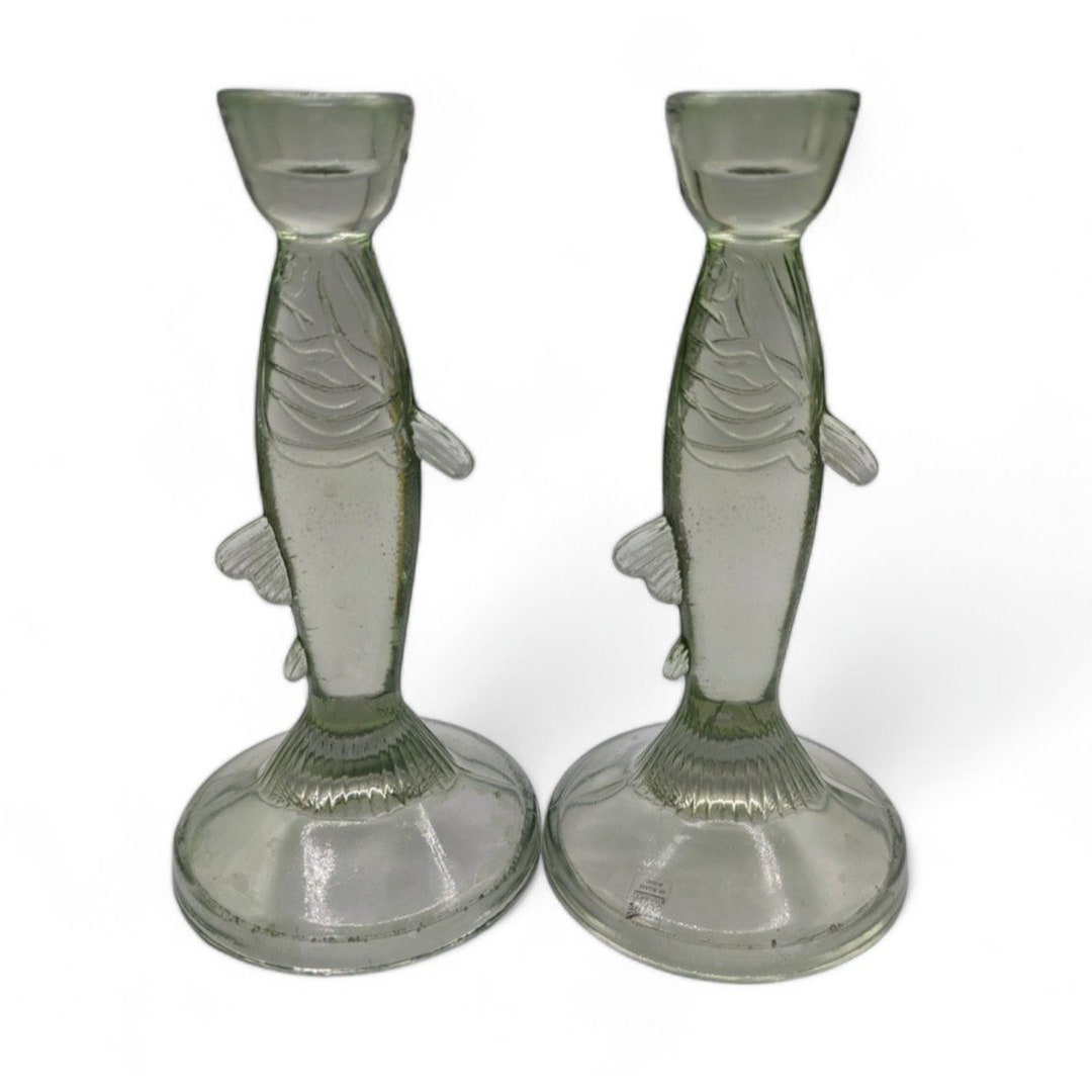 Antique Clear Pressed Glass Fish Candlestick Pair Figural Glass Candle ...