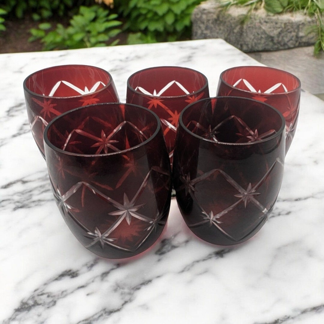 Set of 4 Vintage Bohemium Ruby Red Cut-to-clear Crystal Tumblers READ ...