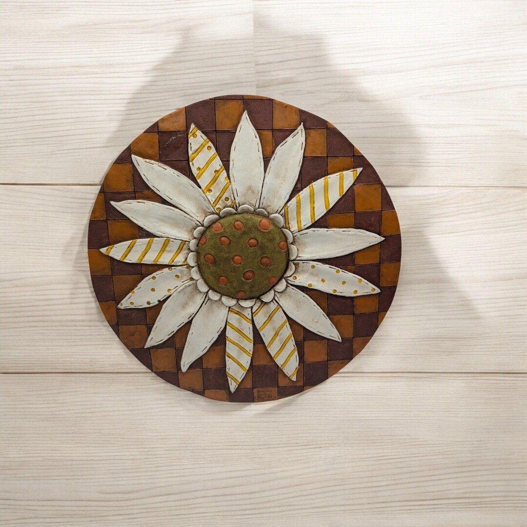 Handcrafted Round Ceramic Sunflower Wall Plaque W Checkered Pattern 12 ...