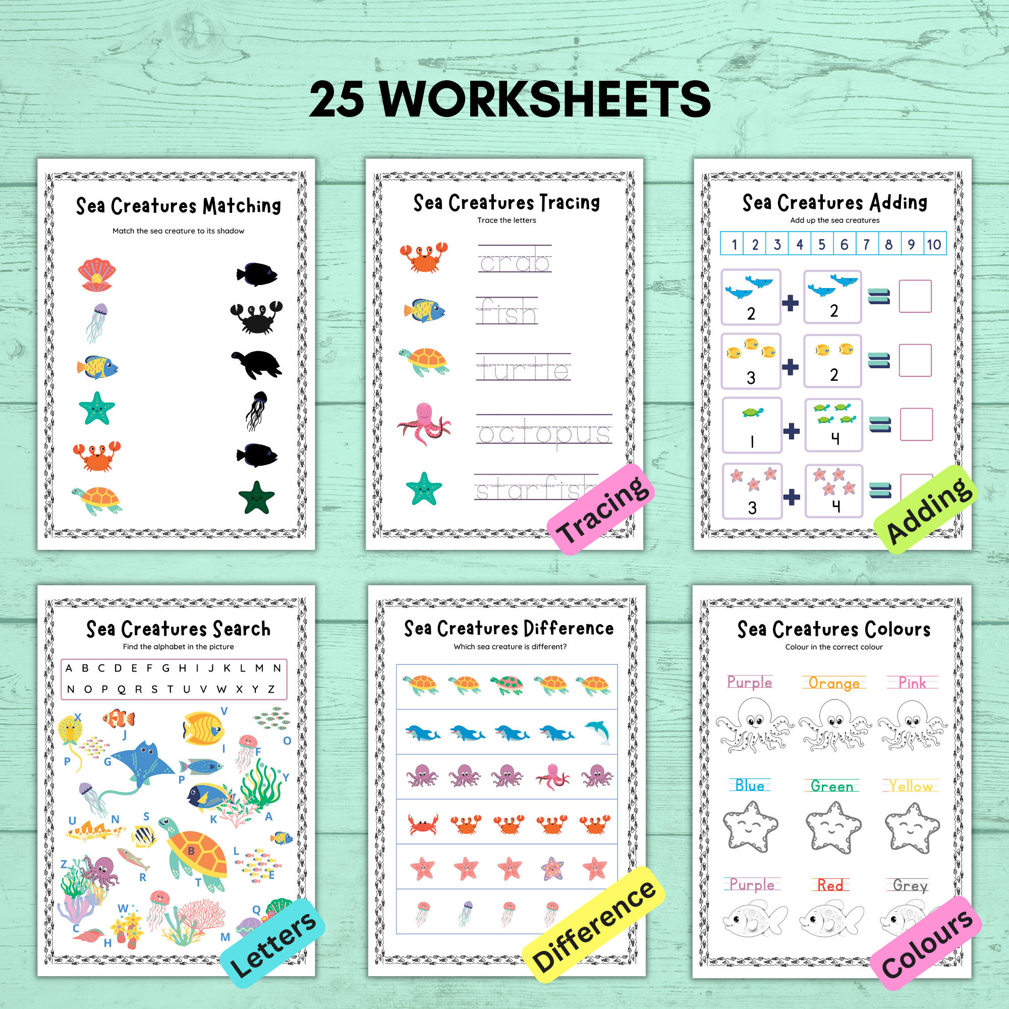 Sea Creatures Printable Worksheets, 25 Worksheets for Kids, Preschool ...