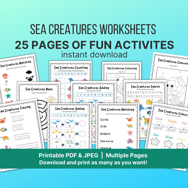 Sea Creatures Printable Worksheets, 25 Worksheets for Kids, Preschool ...