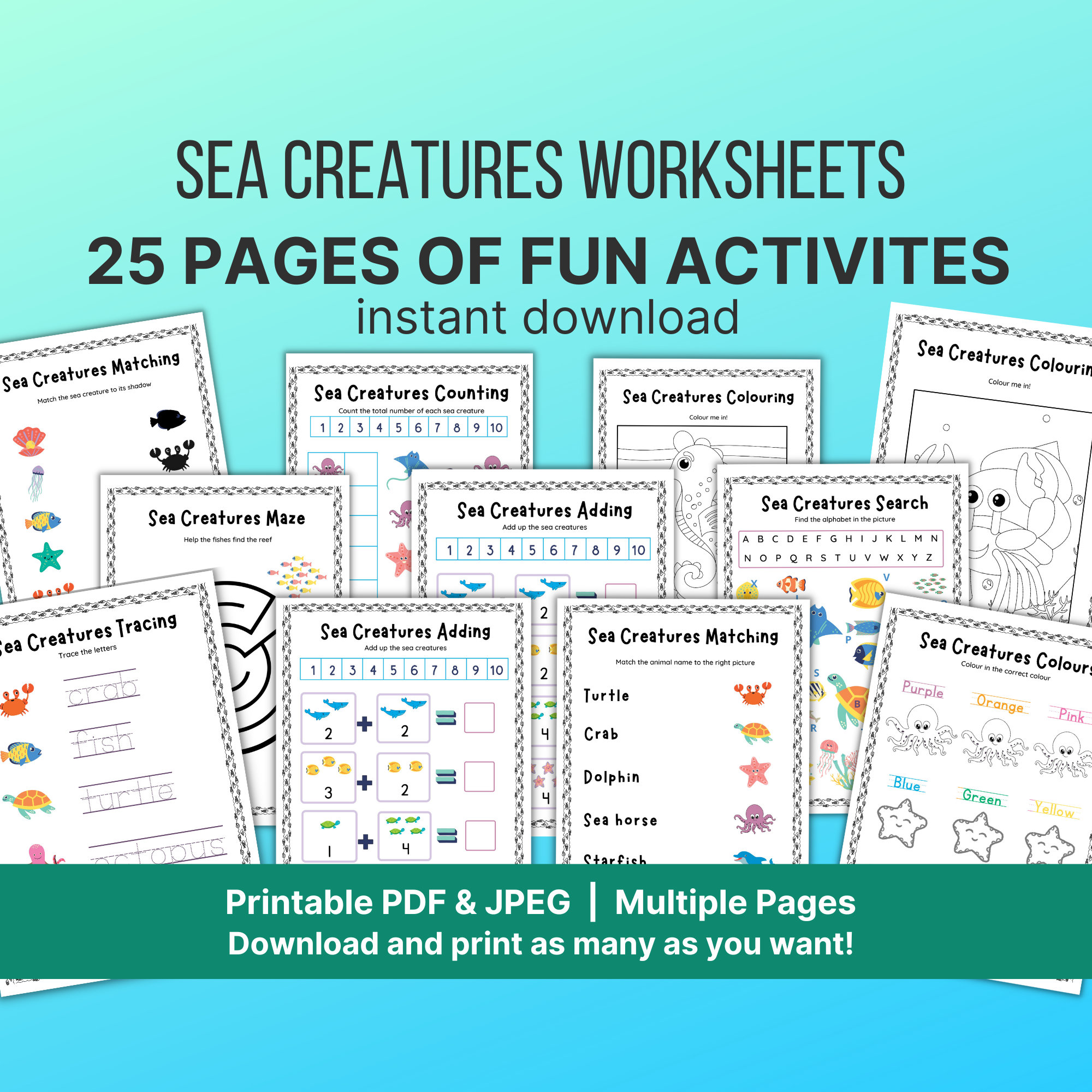 Sea Creatures Printable Worksheets, 25 Worksheets for Kids, Preschool ...